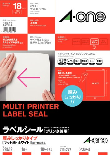 メーカー：エーワン品番：28412JANコード：4906186284127いろいろなプリンタで印刷できるマルチタイプのラベルです。 高品質の素材を使用しているため、印刷適性に優れています。 従来品と比べて厚さが50％アップしているので、扱い...