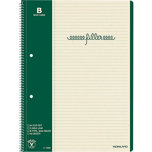 【商品詳細】切り取ってファイリングできる元祖フィラーノート素材原材料：上質紙、色厚板紙生産国：日本●1号A4サイズ。B罫・中横罫幅6mm。●製本／スパイラルとじ。【JANコード】4901480249766【送料について】北海道、沖縄、離島は...