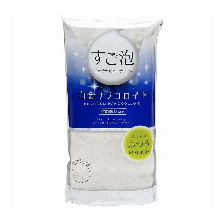 【商品説明】白金(プラチナ)をナノサイズ(10億分の1メートル)の粒子に超微粒子化した素材、NANOプラチナ(R)を加工したボディタオルです。細めの66ナイロンを使用しているので、キメ細かい泡が立ちやすいです。すすぎが簡単で、水切れもよく、...