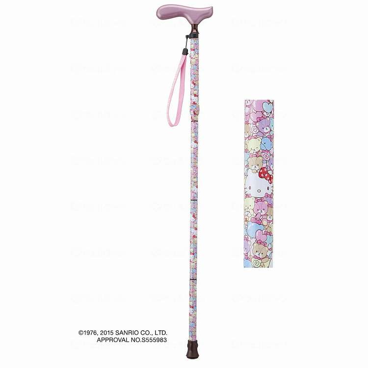 【商品説明】可愛いハローキティの杖。 ハローキティオリジナルストラップ付き。○材質材質 ○グリップ：木製（楓） ○シャフト：アルミ合金○規格詳細○杖の長さ：約78〜88cm（2.5cm間隔 5段階調節式） ○折りたたみ時：約26cm ○杖の...