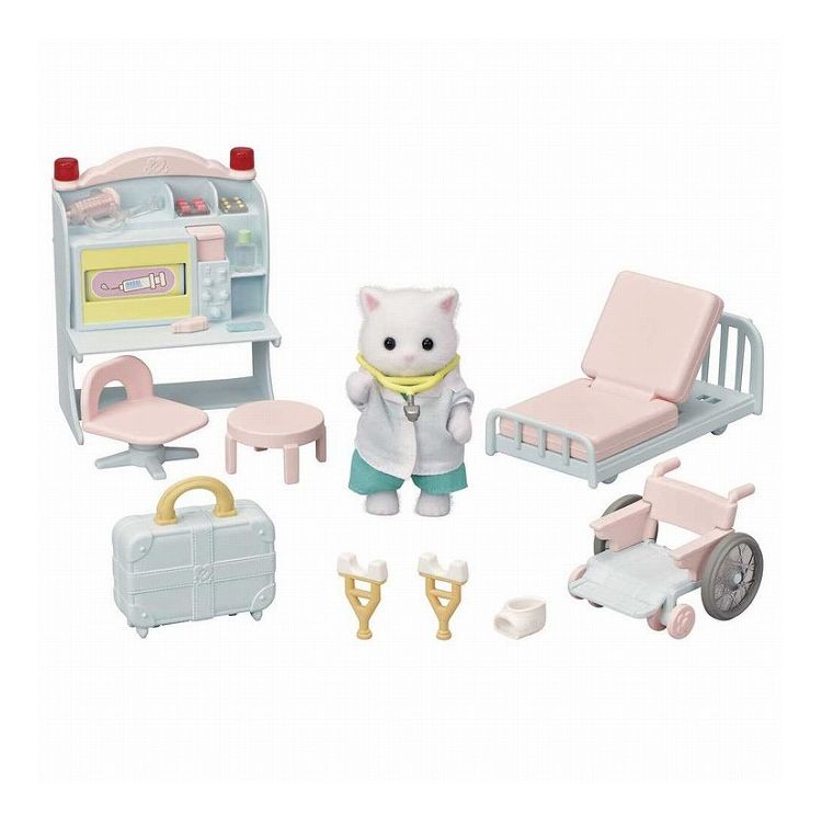 ■商品説明白衣を着たお医者さん人形、診断結果が分かる検査機などがついた、お医者さんごっこが楽しめるセットです。注射器、聴診器、ベッド、車いす、薬など小物もたくさんついています。別売りの「はじめてのシルバニアファミリー」や車などと、楽しく一緒...
