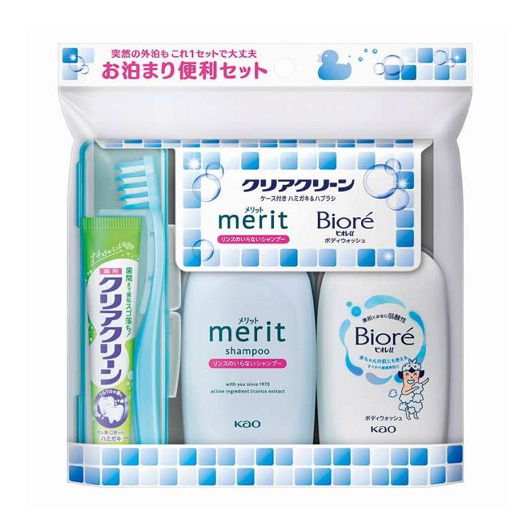 【商品詳細】スリムなお泊り便利セットです。旅行・出張に。内容:ビオレu（90ml）・メリットシャンプー（80ml）・クリアクリーン（17g）・クリアクリーンハブラシ（色指定不可）・ハブラシケース×各1原産国:日本【代引きについて】こちらの商...