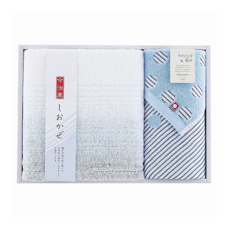 【商品詳細】その名の通り、瀬戸内を吹き抜けるしおかぜのような、涼やかなデザインの今治タオルギフトです。内容:バスタオル（約600×1200mm）・ウォッシュタオル（約340×350mm）×各1原産国:日本【代引きについて】こちらの商品は、代...