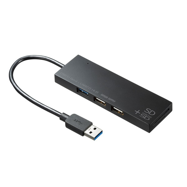 【商品特長】USB3.2Gen1（USB3.1/USB3.0）＋USB2.0のコンボハブにSD・microSDスロットを搭載。ブラック。■USB3.2Gen1（USB3.1/USB3.0）×1ポート、USB2.0×2ポートのコンボハブにSD...