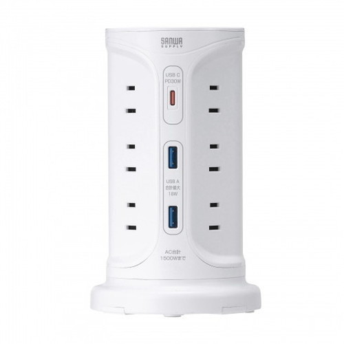 4方向から差して使えるAC12個口とUSBとType-C（PD30W）の充電可能なタワー型タップ。ホワイト。商品特徴●4方向からプラグが差し込めるAC12個口とUSB-A（2ポート）とType-C（1ポート）の充電可能なPD30W仕様タワー...