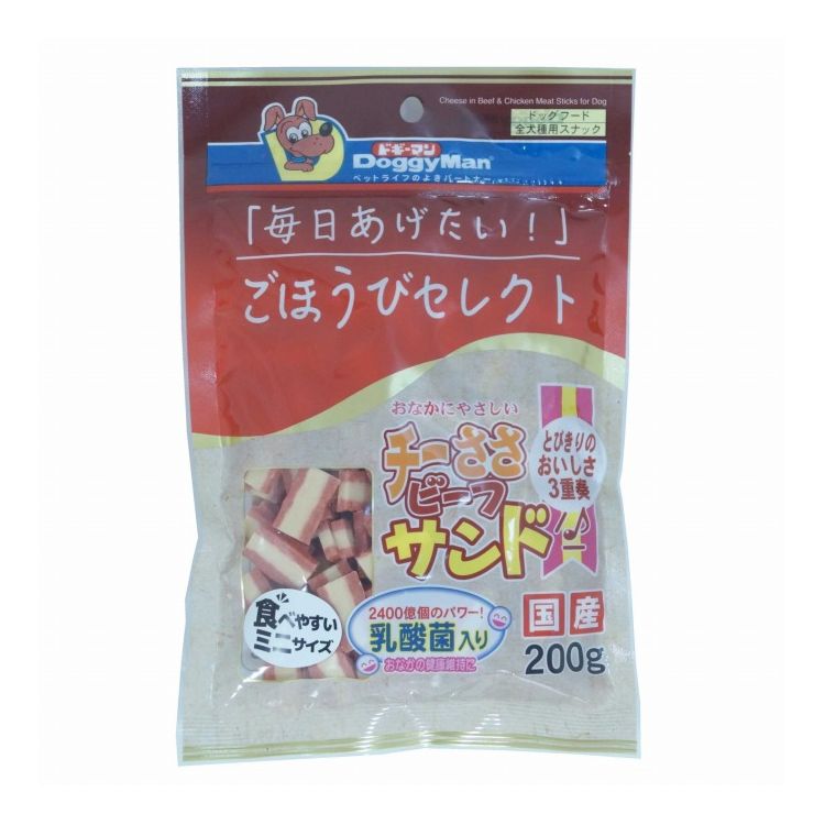 【商品説明】・お腹の健康維持に乳酸菌を配合したサンドスナック。チーズ生地をビーフ生地でサンドしました。〇原材料(成分)小麦粉、肉類(鶏ササミ、牛肉、鶏肉)、チーズ、小麦たん白、脱脂大豆、糖類、植物油脂、乳酸菌、グリセリン、ソルビトール、保存...