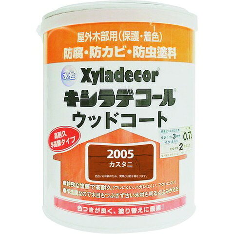 【商品詳細】●木材保護塗料のトップブランド「キシラデコール」の水性半造膜（造膜性能・浸透性能を兼ね備えた）タイプです。●屋外の木部(ウッドデッキ、ラティス、パーゴラ、ベンチ、ログハウス、羽目板、板へい)に。●色：カスタニ●容量(L)：0.7...