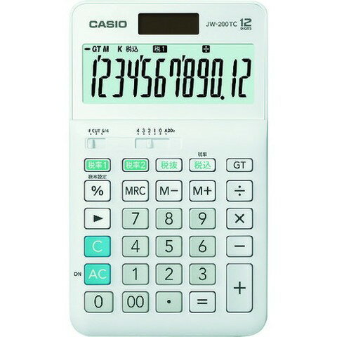 【商品詳細】●2つの税率設定が可能な「W税率」機能を搭載しています。●表示が見やすい特大表示液晶です。●桁数：12●色：ホワイト●縦(mm)：181.5●横(mm)：108●厚さ(mm)：23●ソーラー＋ボタン電池(CR2032)×1個使用...
