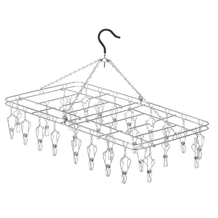 サイズ：59.5×35×H40cm重量：1040g材質：ステンレス鋼ピンチ数：28生産国：台湾丈夫で錆びにくく、デザインもシンプルなステンレスハンガー。従来のハンガーは開くとき、ピンチがからまりやすく不便でしたが、ピンチをつるす鎖を工夫する...