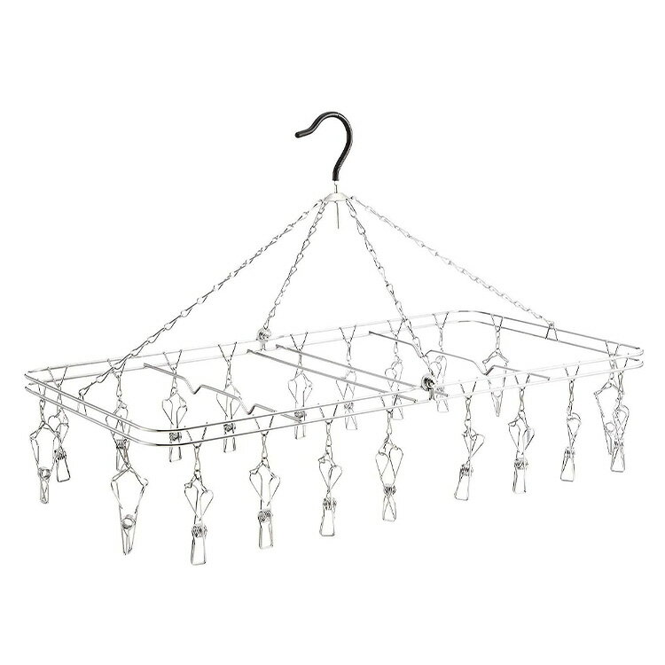 サイズ：59.5×35×H40cm重量：900g材質：ステンレス鋼ピンチ数：20生産国：台湾丈夫で錆びにくく、デザインもシンプルなステンレスハンガー。従来のハンガーは開くとき、ピンチがからまりやすく不便でしたが、ピンチをつるす鎖を工夫するこ...