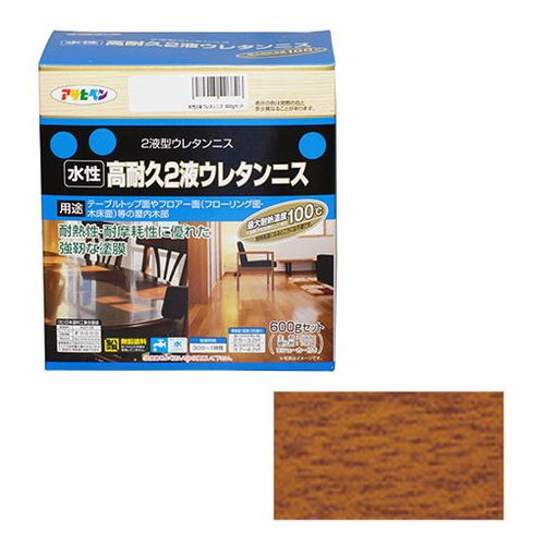 【用途】屋内外のドア・テーブル・家具などの木製品への塗装。【機能・特徴】水性で臭気が少なく、環境対応型の塗料です。耐熱性・耐磨耗性・耐溶剤性・耐薬品性に優れた塗料です。テーブル天面での耐熱性やフローリング等の床面の傷つき防止に優れた効果があ...
