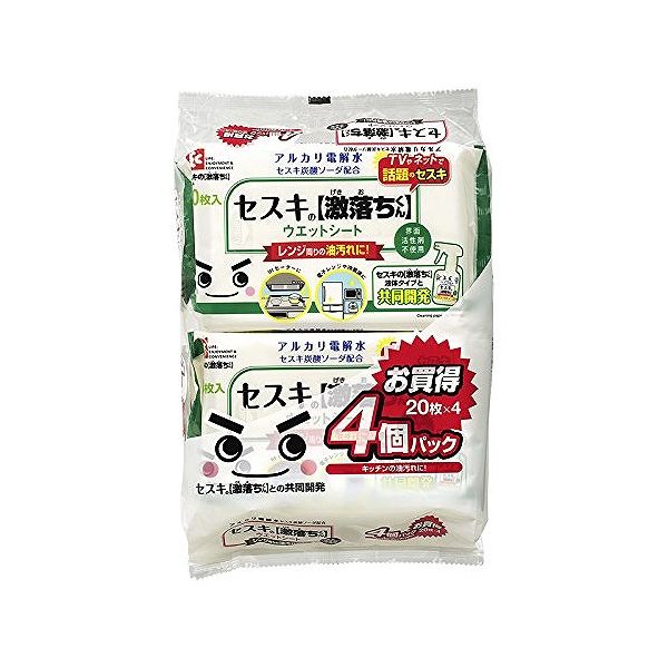 セスキの激落ちくん（液体タイプ）との共同開発。アルカリ電解水とセスキ炭酸ソーダを配合したウェットシート4個パックです。汚れをマイナスイオンが包み込んで浮かせて落とします。洗剤不使用で2度拭きいらず。洗剤を使いたくないキッチンまわりに便利！用...