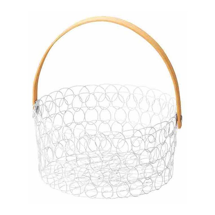 取っ手付きのワイヤーバスケット。卓上の小物の収納や、インテリアに。ギフトラッピングの土台としても使える。サイズ(約)幅20×奥行20×高さ23cm材質:鉄・木【代引きについて】こちらの商品は、代引きでの出荷は受け付けておりません。【送料につ...