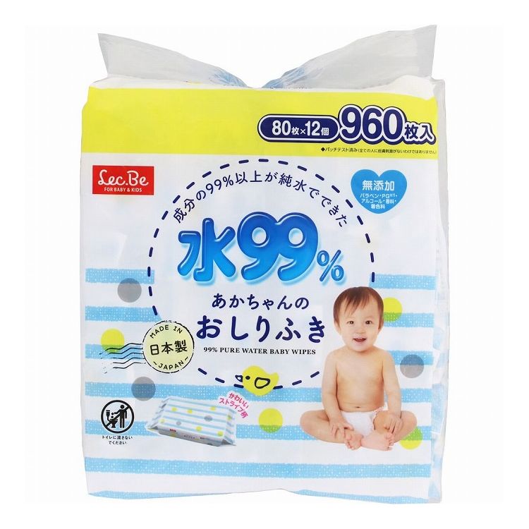 成分の99%以上が純水でできたあかちゃんのおしりふき。80枚入りが12個入った増量パック。デリケートな赤ちゃんのおしりに優しいやわらかいシート。パラベン・PG・アルコール・香料・着色料すべて不使用の無添加処方。パッチ済み。※すべての人に皮膚...