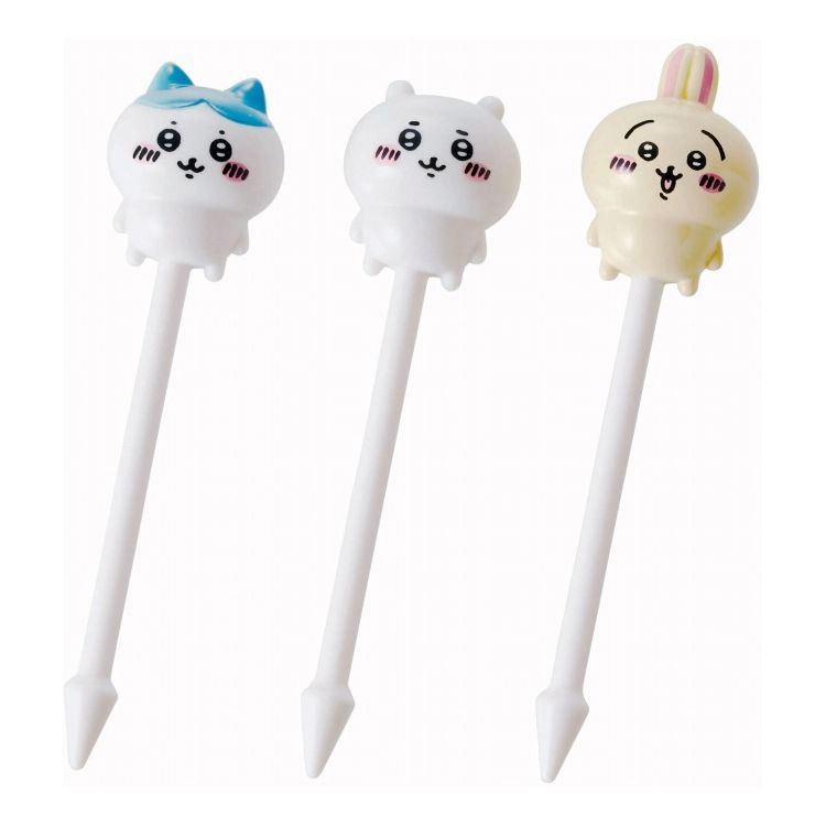 ちいかわのフィギュア型ピック。6本入り（3種類×各2本）冷蔵庫、冷凍庫、電子レンジ、オーブン、食器洗い乾燥機、食器乾燥機等での使用禁止。サイズ（約）ちいかわ/幅14×奥行13×高さ55.8mm　ハチワレ/幅14×奥行13×高さ56.8mm　...