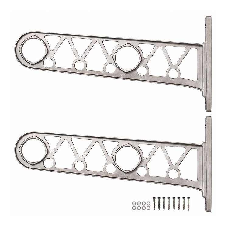 アルミ製竿受け。窓枠などの木質部に取り付け可能。アルミダイカスト製で耐久性に優れている。直径3cmまでの竿を2本掛けられる。1つあたりサイズ（約）幅4×奥行38×高さ19cm材質:本体/アルミダイカストネジ類/ステンレス600g耐荷重（約）...