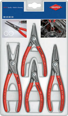 【メーカー型番】002003SB【JANコード】4003773050100【ブランド】KNIPEX【特徴】●使用頻度の高い軸用・穴用精密スナップリングプライヤーの4本セットです。●パッケージ材質は頑丈なプラスチック製で、ツールキャビネット内...