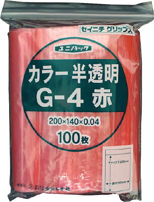 【メーカー型番】G-4-CR【JANコード】4909767112802【ブランド】セイニチ【特徴】●スタンダードなフィルム厚0.04mmのチャック付ポリエチレン袋です。【用途】●部品等の保管、管理。【仕様】●色:半透明レッド●縦(mm):2...