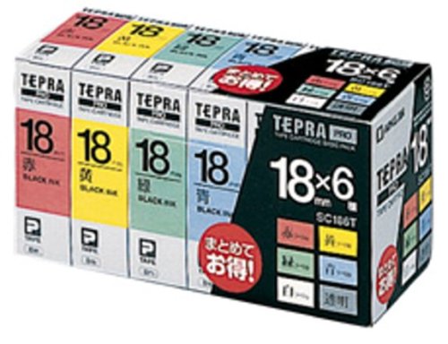 【商品型番】　SC186T　【商品説明】　◆テプラPRO・テープカートリッジ ベーシックパック 黒文字◆カラーラベル（パステル）赤・黄・緑・青、白ラベル、透明ラベル各1個の6本セット■仕　様　■長さ：各8mカラーラベル（パステル） 赤/黒文...