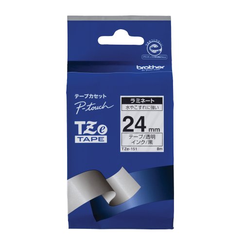 【商品型番】　TZe-151　【商品説明】　◆ピータッチ用・ラミネートテープ 透明/黒文字◆透明フィルムが表面を保護し、こすっても水にぬれても文字が消えません。■仕　様　■テープ長：8mラミネートテープ 透明/黒文字テープ幅：24mm