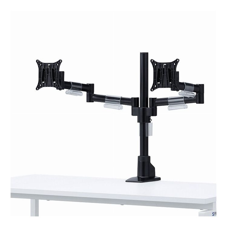 【商品特長】2面モニタ搭載可能。水平多関節モニタアーム。●水平空間に対して全方向に自由に動かすことができます。●高さは、支柱上で任意位置に固定することができます。●設置方法はクランプ式（板厚15mm〜50mmに対応）とグロメット式が選べる仕...