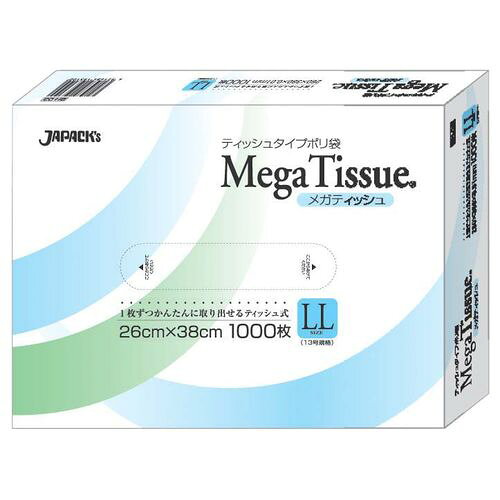 ジャパックス テッシュタイプポリ袋 メガティッシュ LL（1000枚入） BH03 XPL3103 JANコード 4521684193100●サイズ:LL●メーカー品番:BH03●横×縦(mm):260×380●材質：ポリエチレン■材質:高...