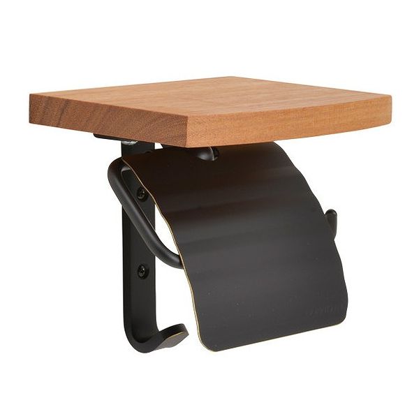 【商品特長】トイレットペーパーホルダーにウッドシェルフが付いた、美しくも便利な一品です。ペーパーストッカーをかけるフックもついています。【カラー】黒色【商品サイズ】幅150×高さ140×奥行140mm【参考耐荷重】約3kg　耐荷重については...