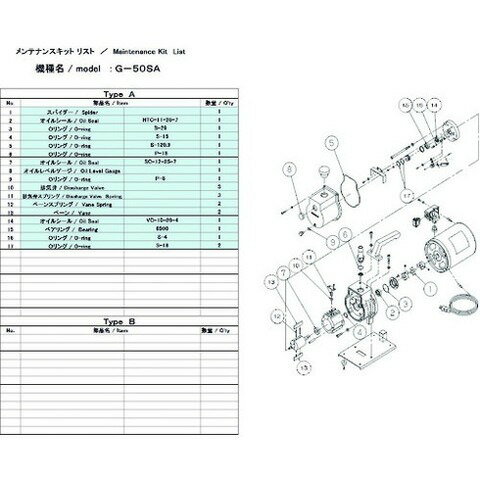 【商品詳細】●油回転真空ポンプのメンテナンスに必要な消耗品を揃えたセットです。●お客様ご自身でメンテナンスをされる場合に。●適合機種：G-50SA●パーツ内容：オイルシール、Oリング、排気弁、ベーンセット内容／付属品●ベーン×2、ベーンスプ...