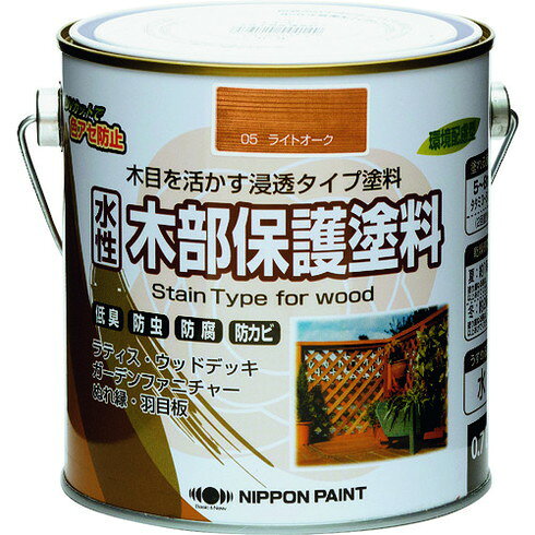 【商品スペック】特長●水性タイプなので、初めての方にも手軽に塗装できる木部保護塗料です。●木材の防虫・防腐・防かび効果に優れ、木材に浸透して木の腐蝕を防ぎます。●木目を生かした半透明仕上げができ、紫外線吸収剤（UVカット）により、色アセ・劣...