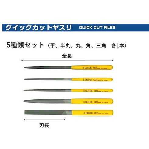 【商品スペック】特長●最先端の表面処理（電解研磨)技術により、切れ味を実現しました。●鉄・ステンレスなど焼き入れ前程度の硬度なら何でもサクサク削れます。用途●鉄をはじめ、あらゆる金属の加工に。仕様●タイプ：5本組細目●全長(mm)：215●...