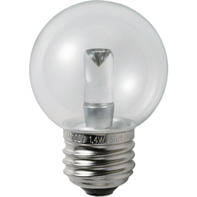 特長●光源にはLEDを使用していますので、消費電力が少ない省エネタイプです。●電飾、サイン用照明に適しています。仕様●明るさ(lm)：60●光源色：クリア昼白色相当●外径(mm)：50●全長(mm)：70●消費電力(W)：1.4●口金：E2...