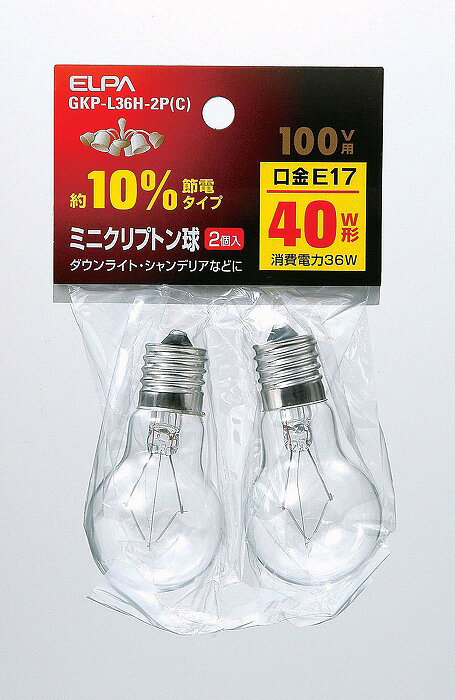 【商品詳細】定格電圧：100V定格消費電力：36W定格寿命：約2,000時間本体サイズ：全長67×バルブ径35(mm)口金：E17入数：2個カラー：クリア40W形約10％節電タイプアルゴンガスよりも熱伝導率の低いクリプトンガスの封入で長寿命...