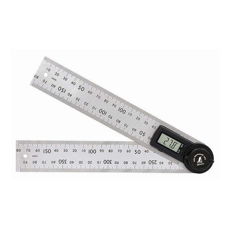 商品説明角度の測定やケガキ、長さ測定に使用するデジタルプロトラクター　デジタル表示なので一目で数値を読み取れます。ホールド機能付です。ロックツマミを締めて固定することができます。直尺部の目盛は消えにくいレーザー刻印です。測定に便利な左端面基...