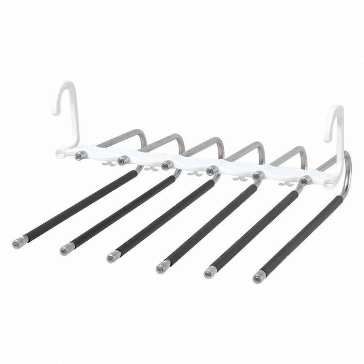 【商品説明】省スペースで6本のズボンが収納できる画期的なズボンハンガーです。折りたたんで使用すれば、6本のズボンが1本のハンガーにつるせる省スペースで利用できて、開いて使用すれば1本1本のバーにズボンがつられているので見やすいです。生産国:...