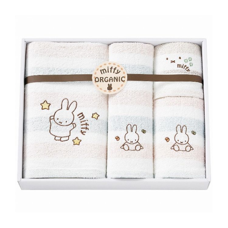 【商品特徴】オーガニックコットンを使用したタオルギフト。【製造者】西川【箱サイズ（cm）】38×31×6cm【現品サイズ・内容】60×120cmバスタオル1枚・34×80cmフェイスタオル2枚・34×35cmウォッシュタオル1枚・パイル:綿...