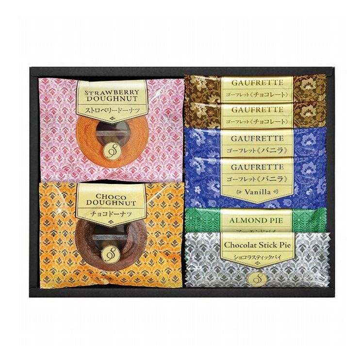【商品詳細】風味豊かなバニラクリームをサンドしたバニラゴーフレットや、上品な味わいに仕上げたチョコゴーフレット、何層にも重ねたパイ生地に細かく砕いたアーモンドを挟み、サックリと焼き上げたアーモンドパイ、チョコをサンドしたやさしい甘さのショコ...