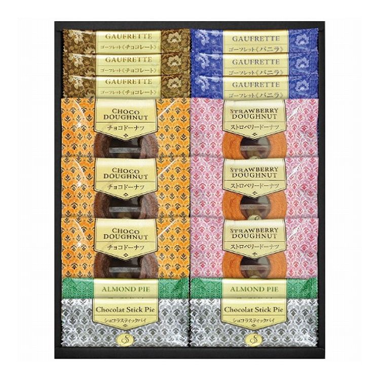 【商品詳細】風味豊かなバニラクリームをサンドしたバニラゴーフレットや、上品な味わいに仕上げたチョコゴーフレット、何層にも重ねたパイ生地に細かく砕いたアーモンドを挟み、サックリと焼き上げたアーモンドパイ、チョコをサンドしたやさしい甘さのショコ...