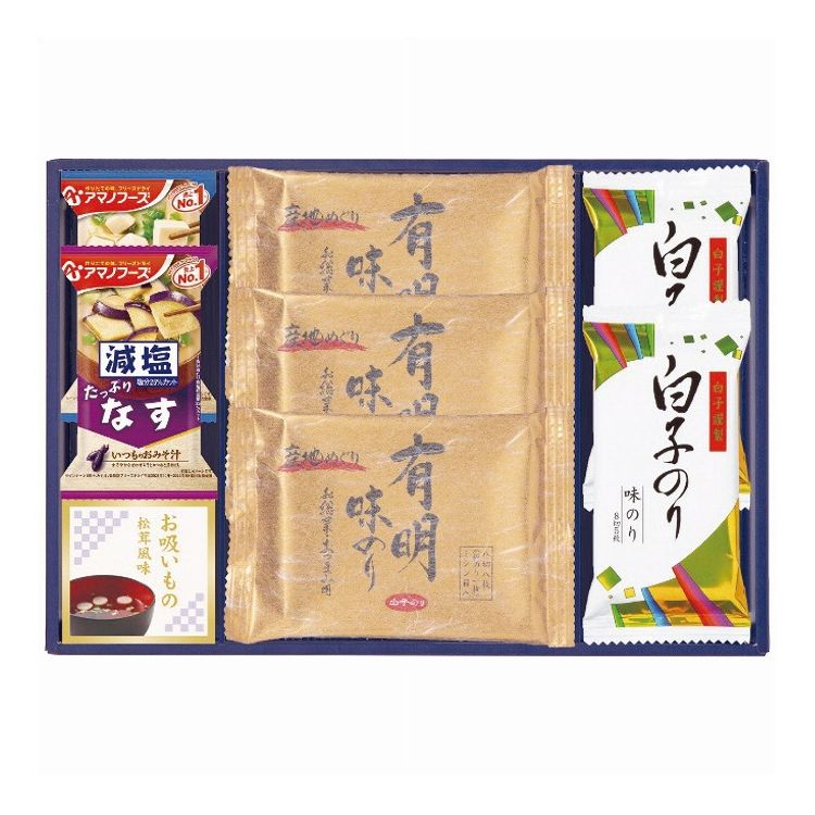 【商品説明】2種のアマノフーズ減塩タイプのおみそ汁と白子のり・永谷園松茸風味のお吸いものが入った詰合せギフトです。原材料表記●白子のり有明味のり：乾のり(有明海産)、調味液(しょうゆ、砂糖、水あめ、食塩、かつお節エキス、えびエキス、酵母エキ...
