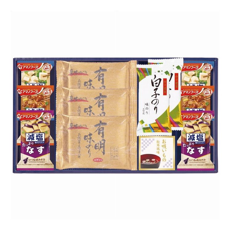 【商品説明】3種のアマノフーズ減塩タイプのおみそ汁と白子のり・永谷園松茸風味のお吸いものが入った詰合せギフトです。原材料表記●白子のり有明味のり：乾のり(有明海産)、調味液(しょうゆ、砂糖、水あめ、食塩、かつお節エキス、えびエキス、酵母エキ...