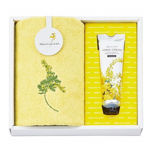 ウォッシュタオル&ハンドクリームセット【商品説明】春を告げる花ミモザをモチーフとした今治タオルと、天然香料ミモザ精油がふんわりと柔らかく香る、するすると伸びる滑らかな使い心地のハンドクリームのセットです。ヘーゼルナッツオイルとアロエベラエキ...