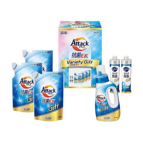 アタック抗菌EXバラエティーギフトアタック抗菌EX詰替用(590g)×3、キュキュットクリア除菌(220ml)×2、アタック抗菌EX(750g)×1メーカー品番:K・AU-30A箱サイズ:18.1×20.6×28.4cm本体重量:3.5kg...