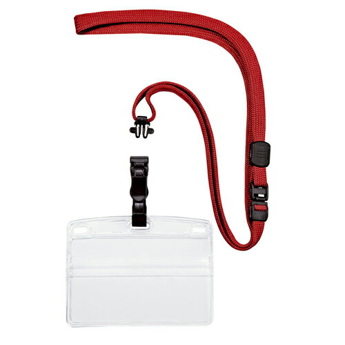 用途に分けて使い分けられる 脱着式吊り下げ名札10枚入り名札ケースは使い勝手のいい名刺サイズ(ソフトケース)ストラップ色:赤(10mm×90cm)長さ調節、負荷がかかるとひもが外れる安全装置付別途販売の、NX-1(防災・防犯ホイッスル)をス...