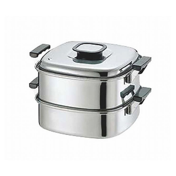 神子島製作所 PE 18-0角蒸器 2段 27cm 270x270 045032JANコード：4589511091449規格：規格27cm2段サイズ：内寸縦×内寸横　深さ深さ　1段当たり容量260×260mm　中子100mm水槽100mm　...