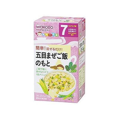 商品概要メーカー：アサヒグループ食品（和光堂）商品名：【軽】手作り応援五目まぜご飯のもと（2．8g×5包）区分：食品内容量：2．8g×5包商品概要：鶏肉と国産の野菜を使用しています。ご飯に加えて五目まぜご飯。パスタやおいもなどにかけて、いろ...