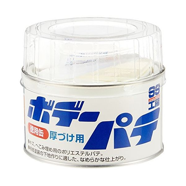 ソフト99 車用 ボデーパテ（徳用缶） 400G 09025JANコード：4975759090250【内容量】 主剤 ：400g 硬化剤：15g◆大型補修も可能な徳用ポリエステルパテ。◆保存も可能。◆ヘラ、カクハン棒付き。■仕様■内容量：［...