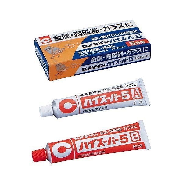 【商品詳細】2液混合型エポキシ系接着剤で、5分で硬化しはじめる急ぎの作業に最適な、スピードタイプです。金属・ガラス・陶磁器などの硬い物を、カッチリ堅く接着します。A液（主剤）をブルーに着色してあり、混合の目安として色が消えるため、大変便利で...