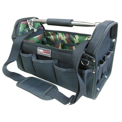 【商品説明】●【特長】水弾きの良い撥水加工生地使用。サイドに便利なコンベックスホルダー付き。ショルダーベルト付き。●重量:約1,325g（ショルダーベルト含む）●本体サイズ(mm):縦250×横420×奥行205●カラー:迷彩●ハンドルまで...