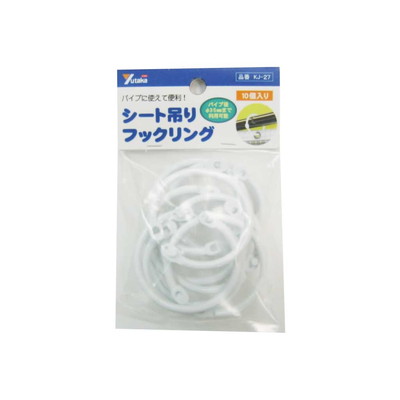 【商品説明】●シートを吊る時に使用する専用金具。●サイズ：線径5mm×50mm●質量：40g●色：ホワイト●材質：ナイロン●使用可能パイプサイズ：約φ35mm●強度：約9kgf●パッケージサイズ：縦160×横100×奥行20mm●製造国：日...
