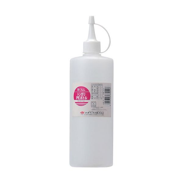 【商品特長】【用途】トンガリPEボトル500ml。【機能・特徴】飲料水・機械油・化粧品・食品全般に使用できます。【材質】●キャップ：ポリエチレン。●中栓：ポリエチレン。●容器：ポリエチレン・ラベル：紙。【注意事項ほか】●揮発性の高い物は入れ...