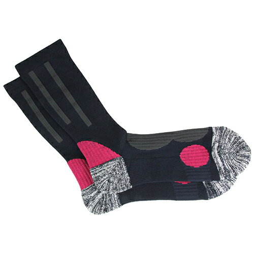 【用途】安全靴用靴下。【機能・特徴】つま先・かかとを特殊繊維で補強しており、摩擦に強いです。サポートでずれにくいです。【仕様】●サイズ：25〜28cm。●色：ネイビー×ピンク。●抗菌防臭。【材質】●綿・アクリル・その他。【注意事項ほか】●漂...